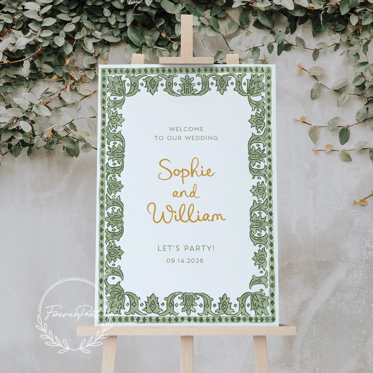 Green Watercolor Wedding Welcome Sign Template | Vintage Border Design ...