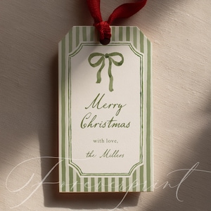 Green Stripe Christmas Gift Tag Template – Watercolor Bow Holiday Tag ...