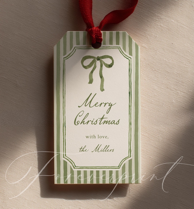 Green Stripe Christmas Gift Tag Template – Watercolor Bow Holiday Tag ...