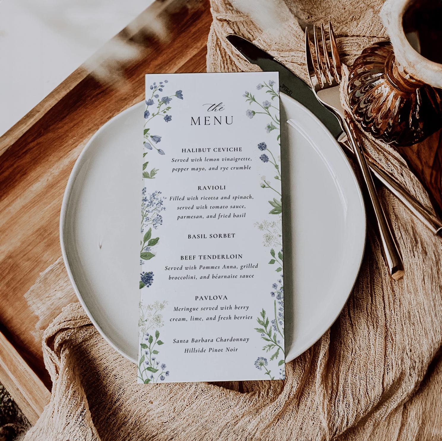 Wildflower Blue Floral Wedding Menu Template - Hand-painted Design for ...