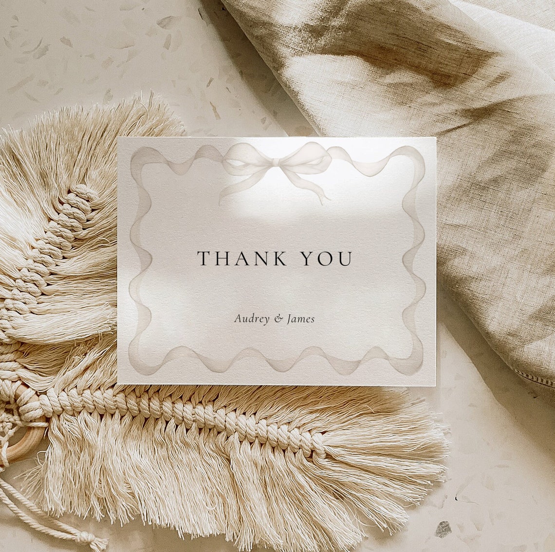Beige Bow Thank You Card Template, Editable Thank You Card, Printable ...