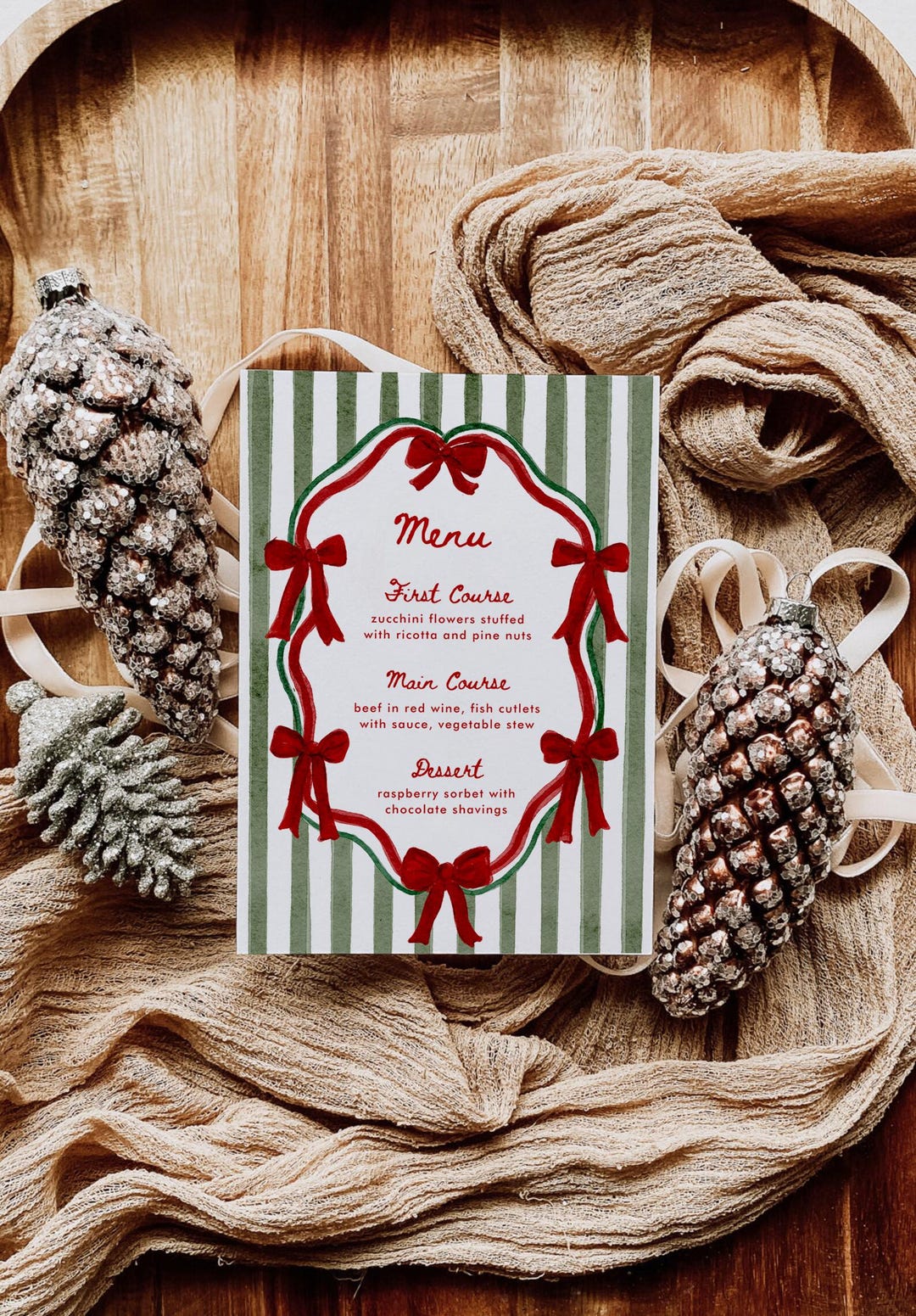 Editable Christmas Dinner Menu Template – Festive Holiday Party Menu With Watercolor Red Bows ...