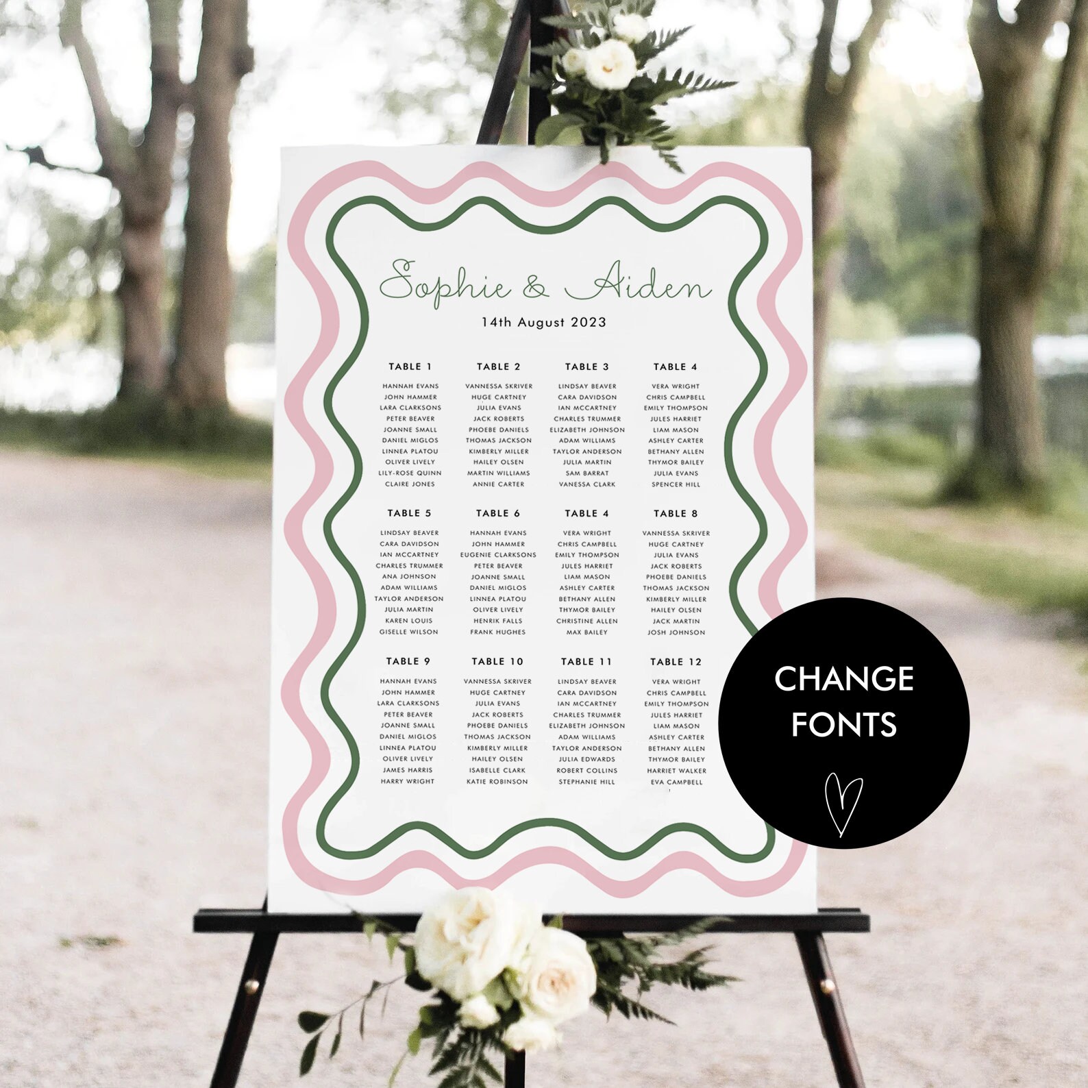 Wave Wedding Seating Chart Template With Scallop Edge, Modern Retro ...