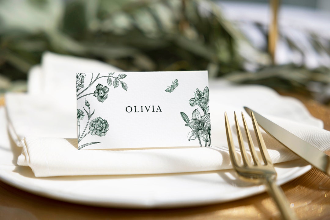 Green Floral Place Cards Template, Printable Place Cards, Wedding Name ...