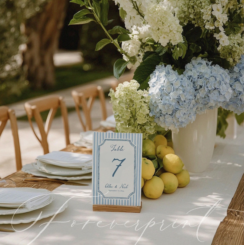 Blue Striped Wedding Table Number Template, Elegant Watercolor Table ...