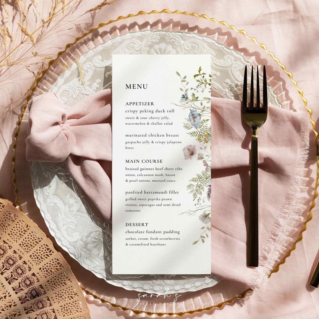 Wildflower Menu Template, Garden Party Bridal Shower Menu, Boho Flowers ...