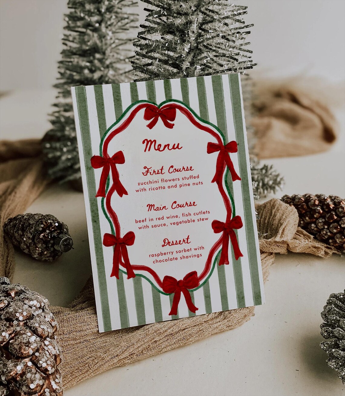 Editable Christmas Dinner Menu Template – Festive Holiday Party Menu With Watercolor Red Bows ...