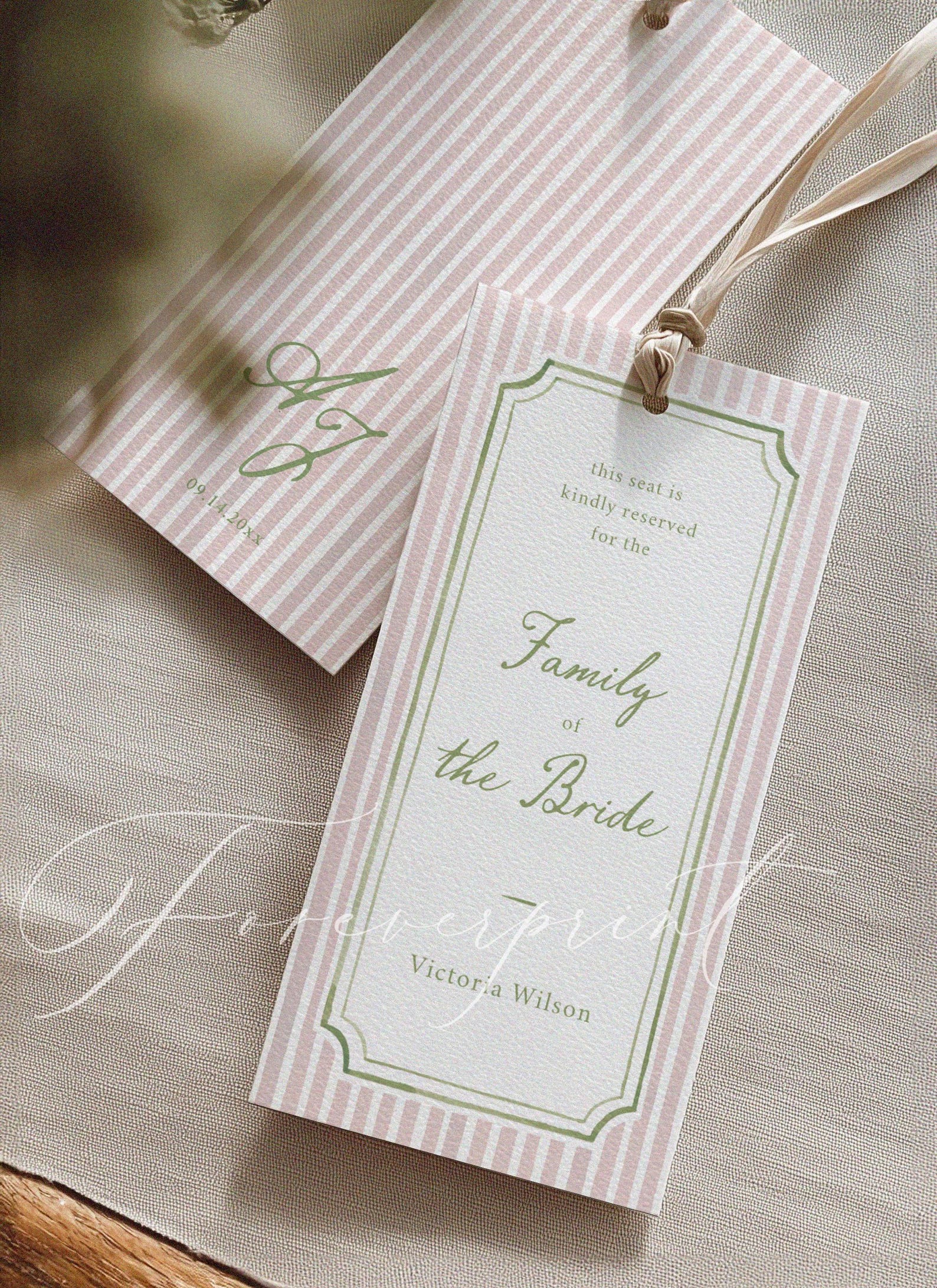 Reserved Chair Tag Template, Pink Striped Reserved Seat Sign, Wedding ...