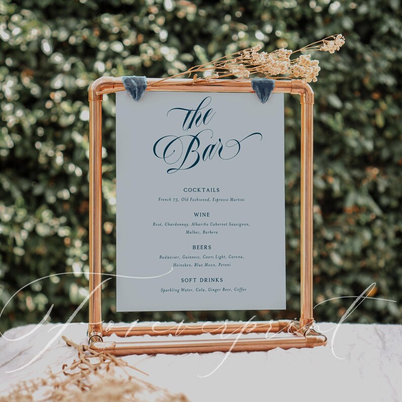 Blue Wedding Bar Menu Sign Template, Elegant Cocktail Menu, Script ...