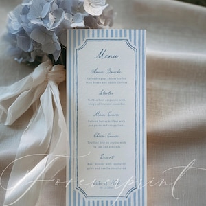 Blue Striped Wedding Menu Template, Editable Canva Reception Dinner ...
