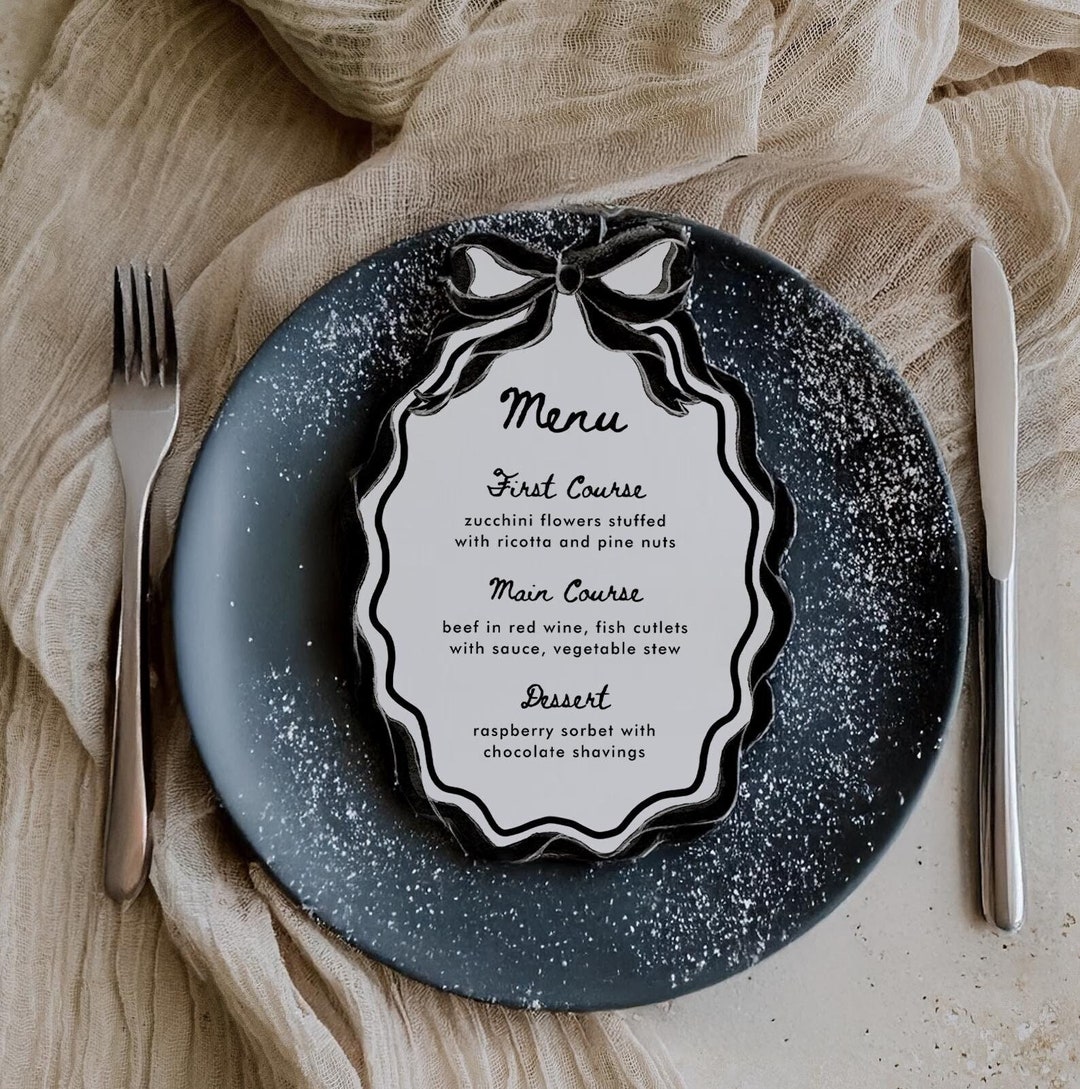 Editable Black Bow Menu Template, Hand Drawn, Wedding Bridal Shower ...