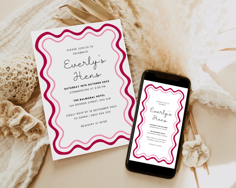 Pink Wavey Hens Party Invite Pink Hen Weekend Shower - Etsy