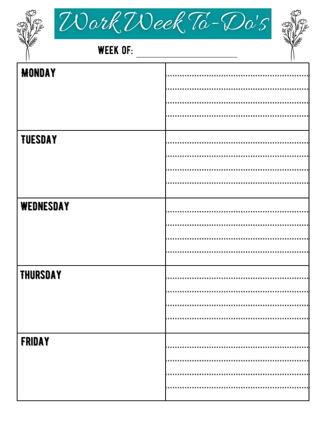 PRINTABLE Work Week To-do's Sheet Monday-friday - Etsy