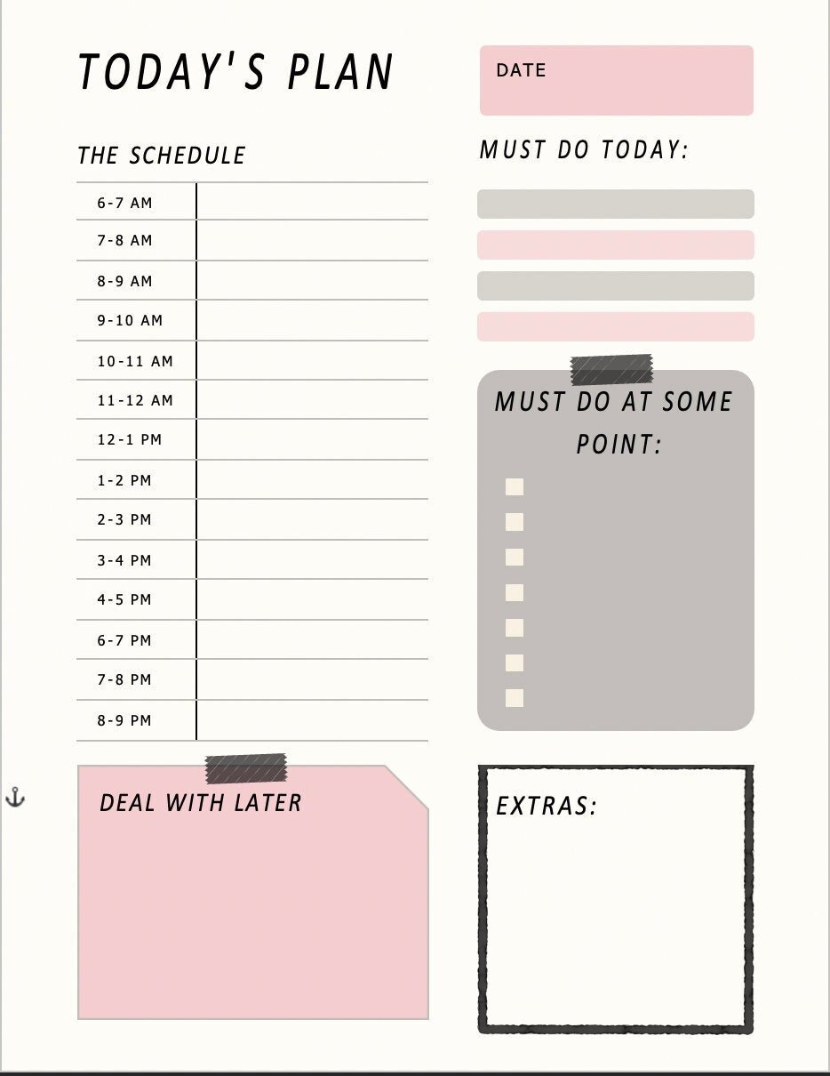 Today's Plan With To- Do Lists and Hour Breakdowns - Etsy