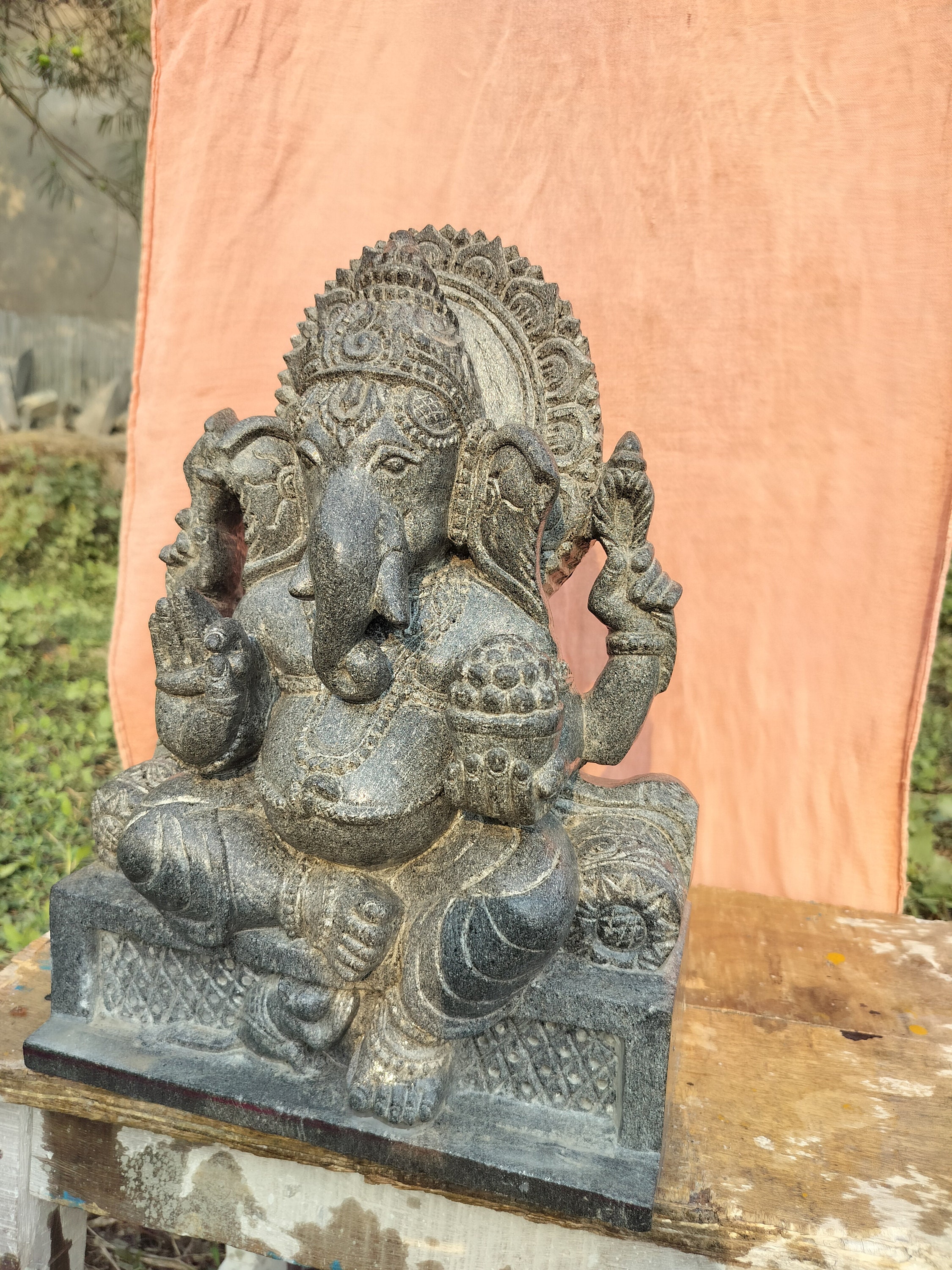 Small Sitting Singhasan Ganesha Statue in Grey Granite Stone - Etsy