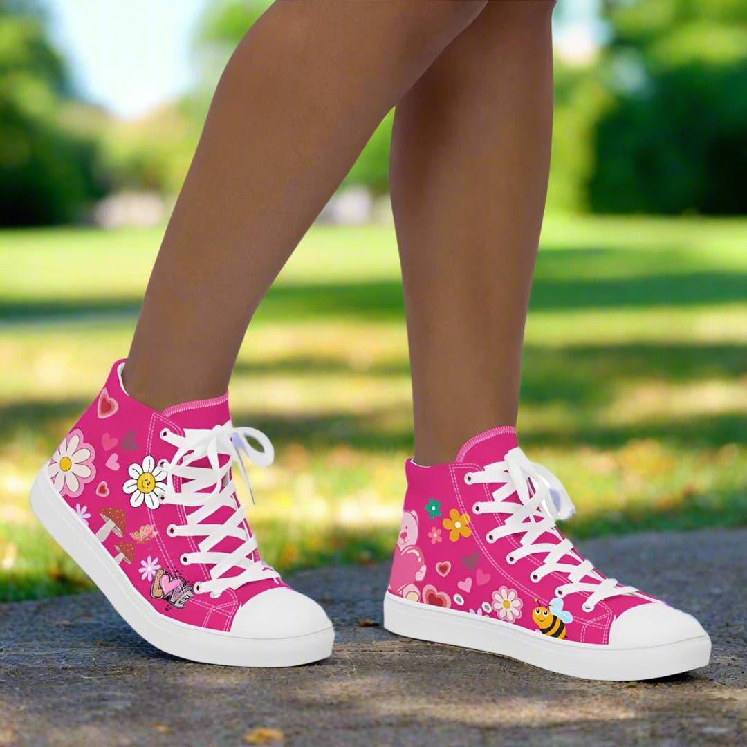 Magenta High Top Sneakers: Girls' Floral Hearts & Bees Canvas Shoes - Etsy