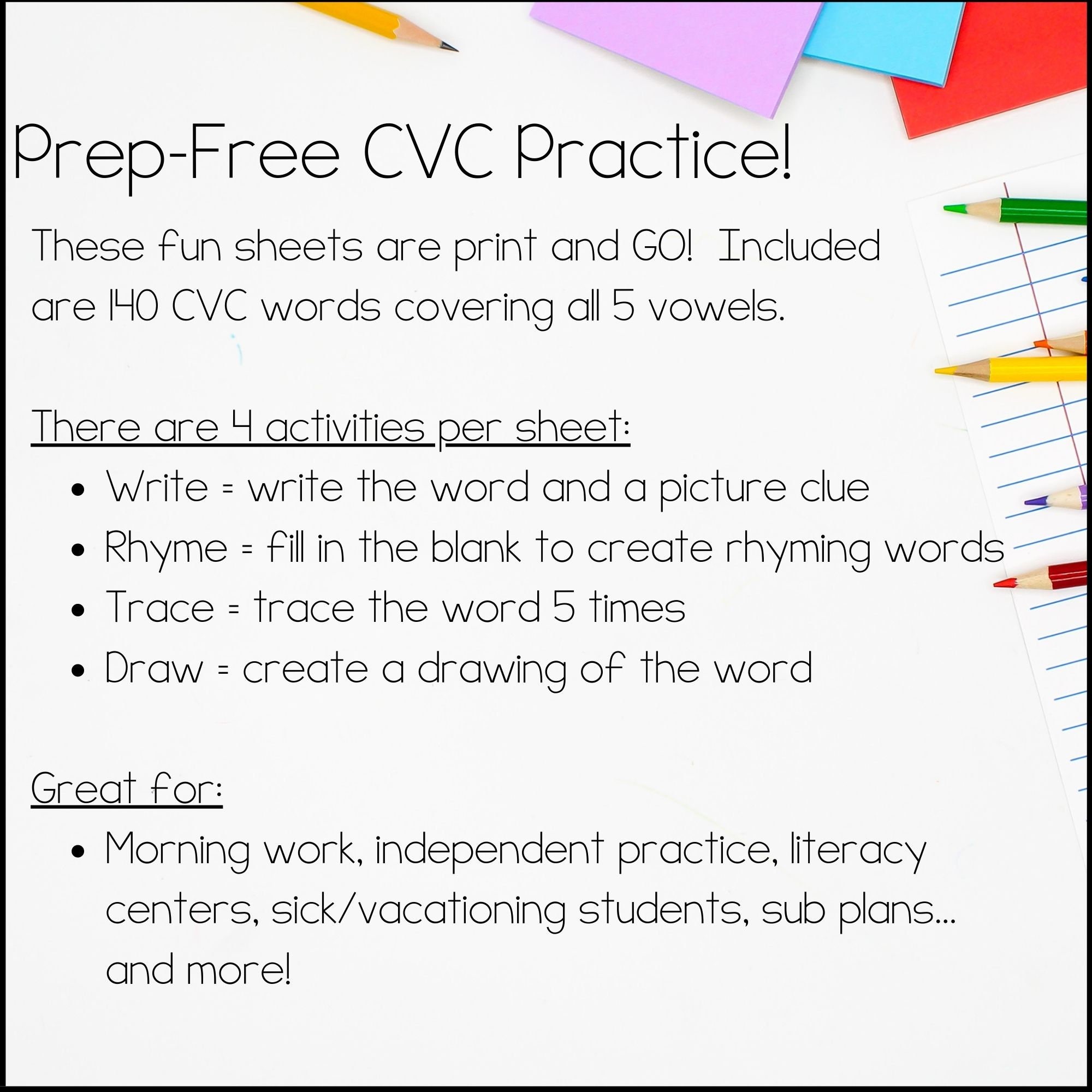 Decoding CVC Words Worksheets for Kindergarten Literacy Centers or ...