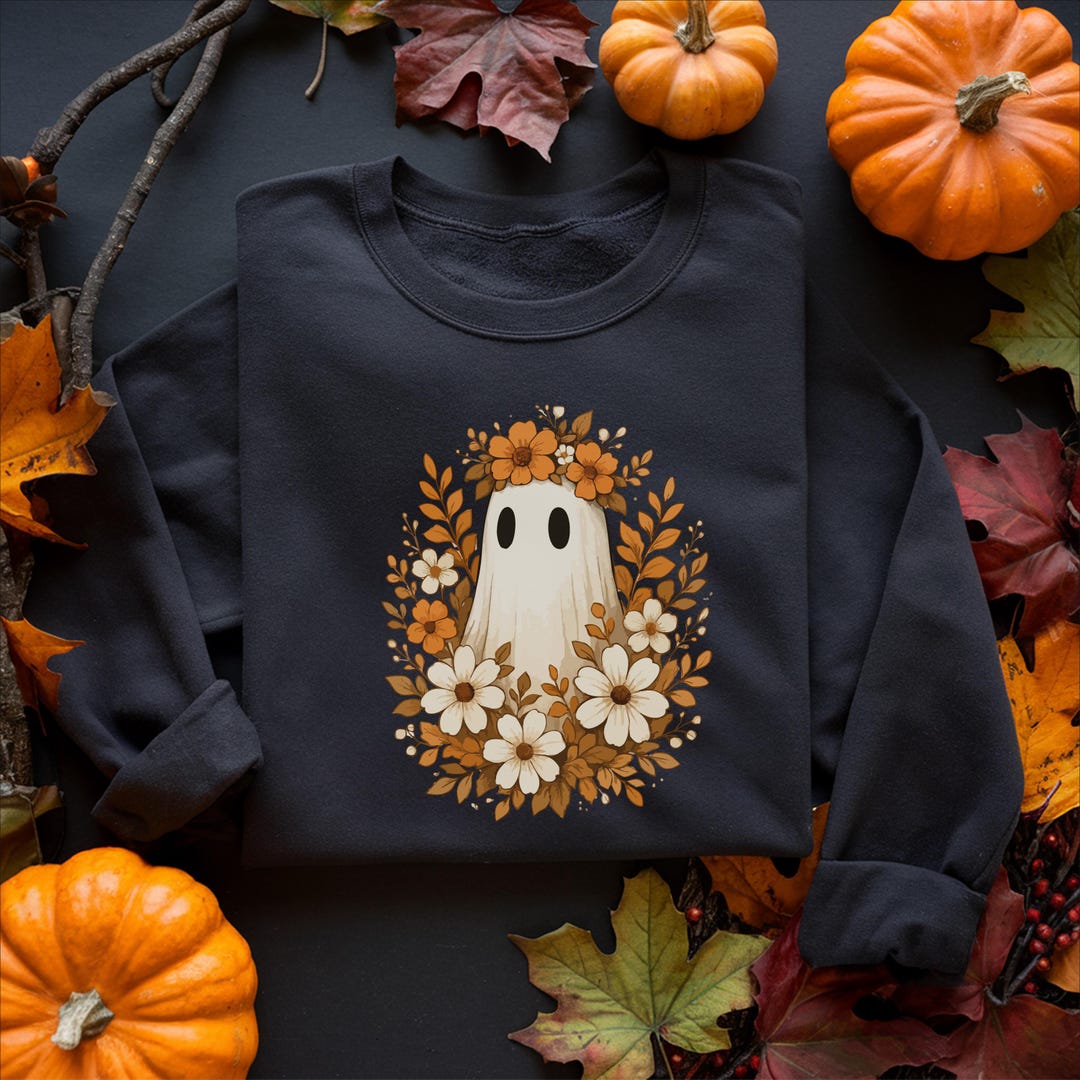 Halloween Sweatshirt Cute Ghost in Wildflower: Floral Retro Boo Hoodie ...