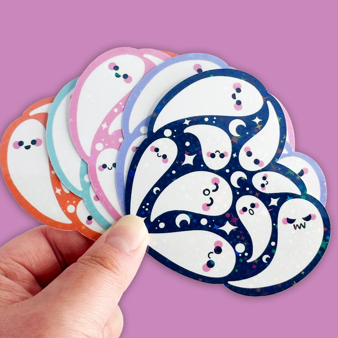 Holographic Kawaii Ghost Heart Sticker | Cute Spooky Halloween Decal ...