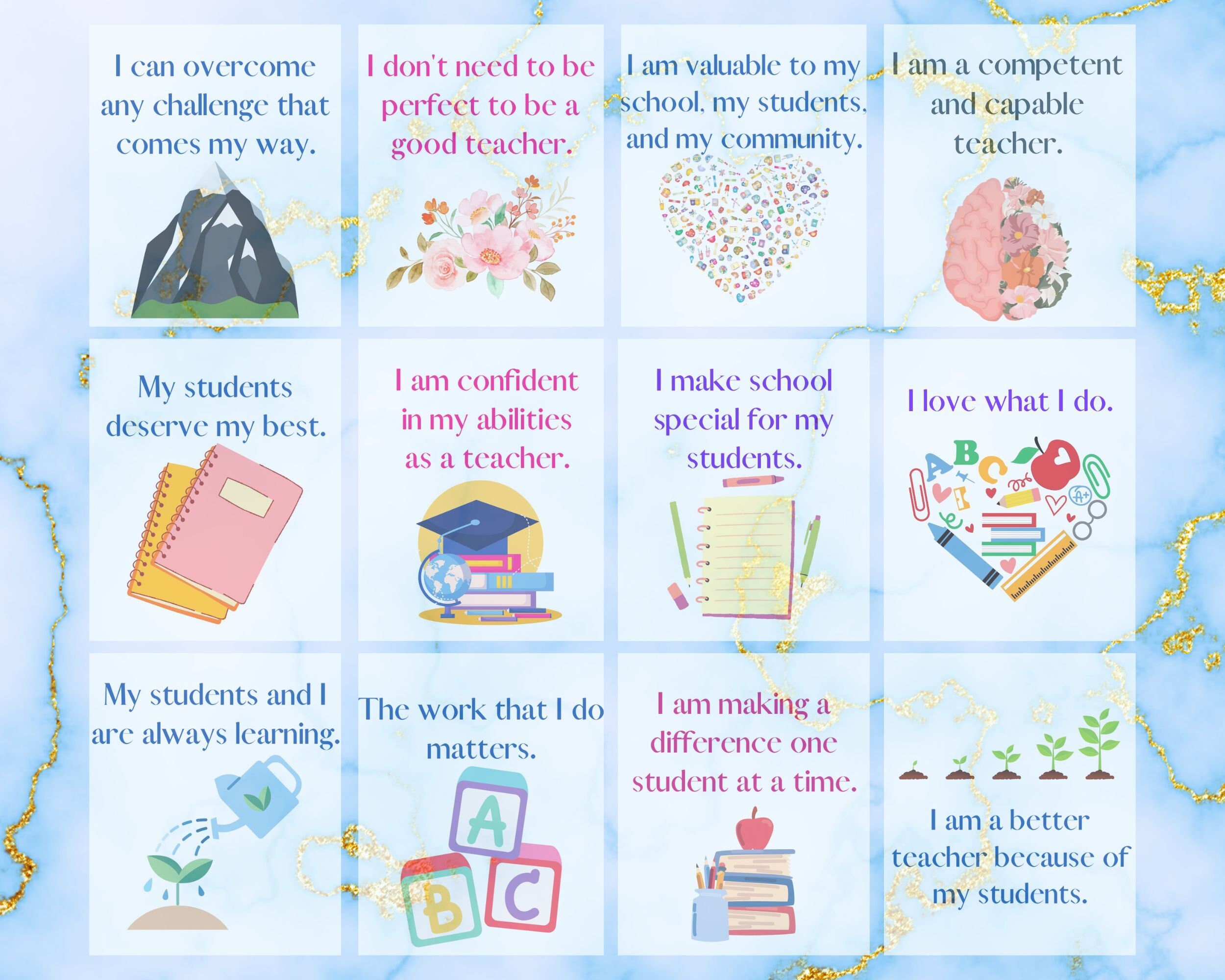 12-pack of Teacher Affirmations for Positive Mindset and Mental Health ...