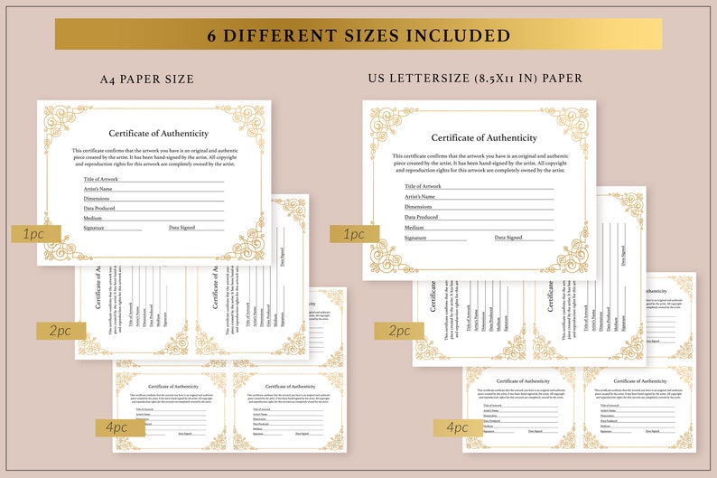 Certificate of Authenticity Template, A4, US Letter Size, Certificate ...