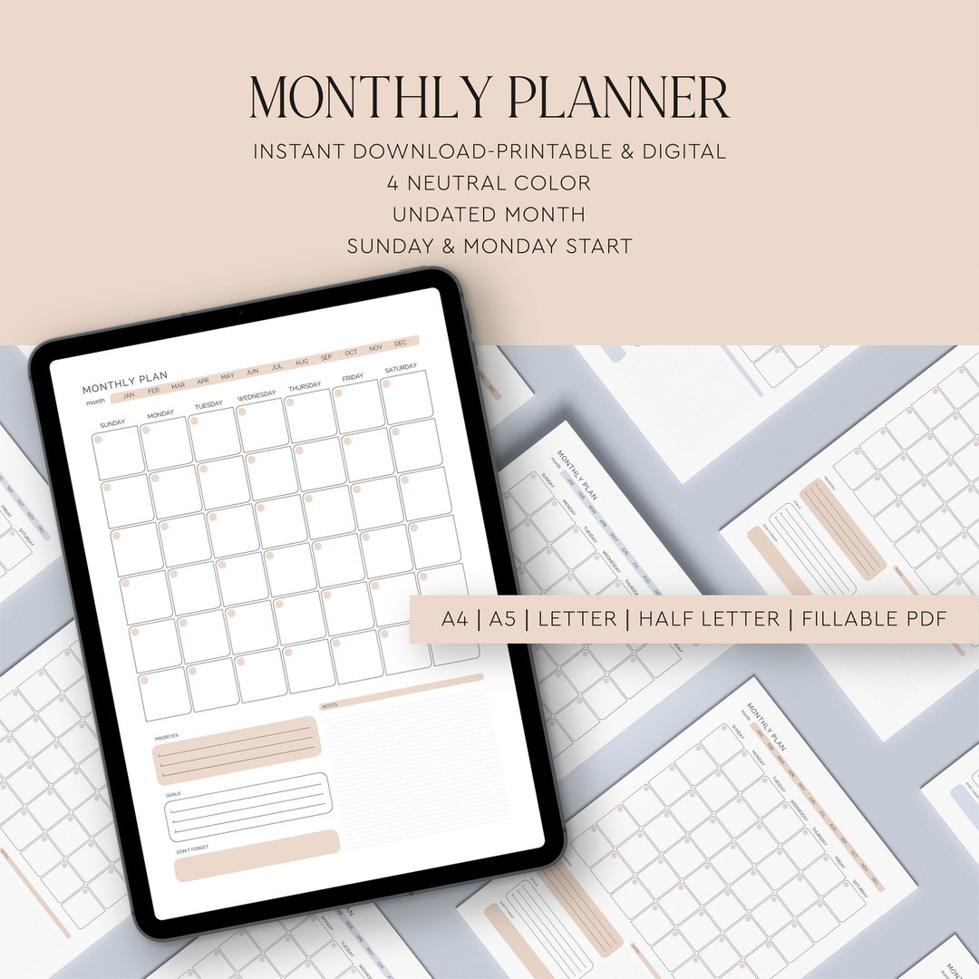 Undated Monthly Printable & Digital Planner / Monthly Overview / A4 A5 ...