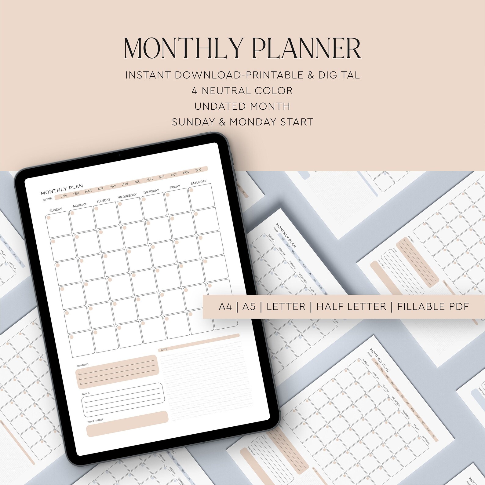 Undated Monthly Printable & Digital Planner / Monthly Overview / A4 A5 ...