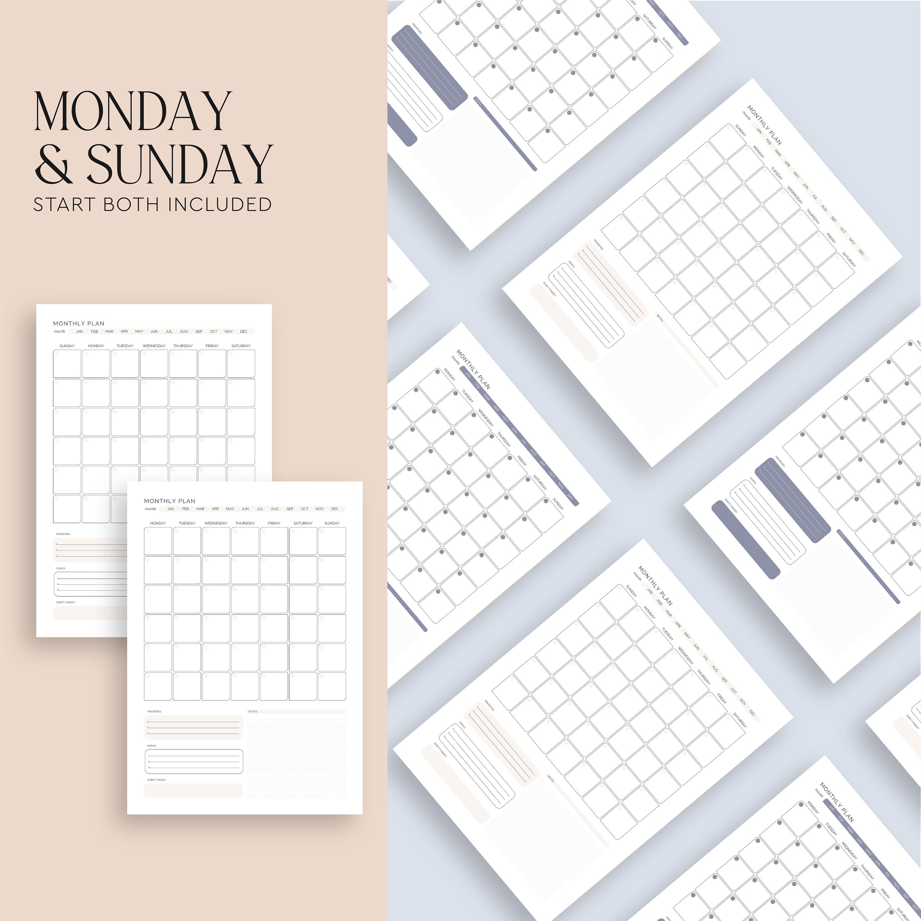 Undated Monthly Printable & Digital Planner / Monthly Overview / A4 A5 ...