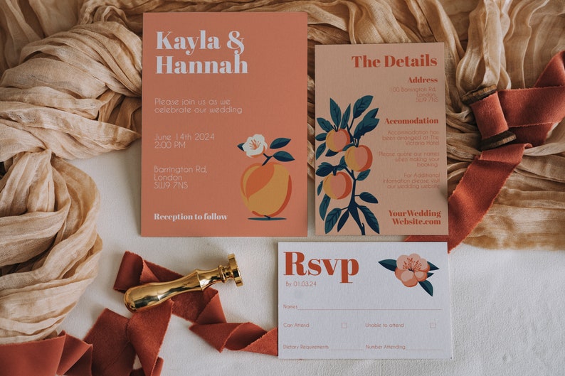 Retro Peaches Wedding Invitation Suite Template, Tropical Wedding ...