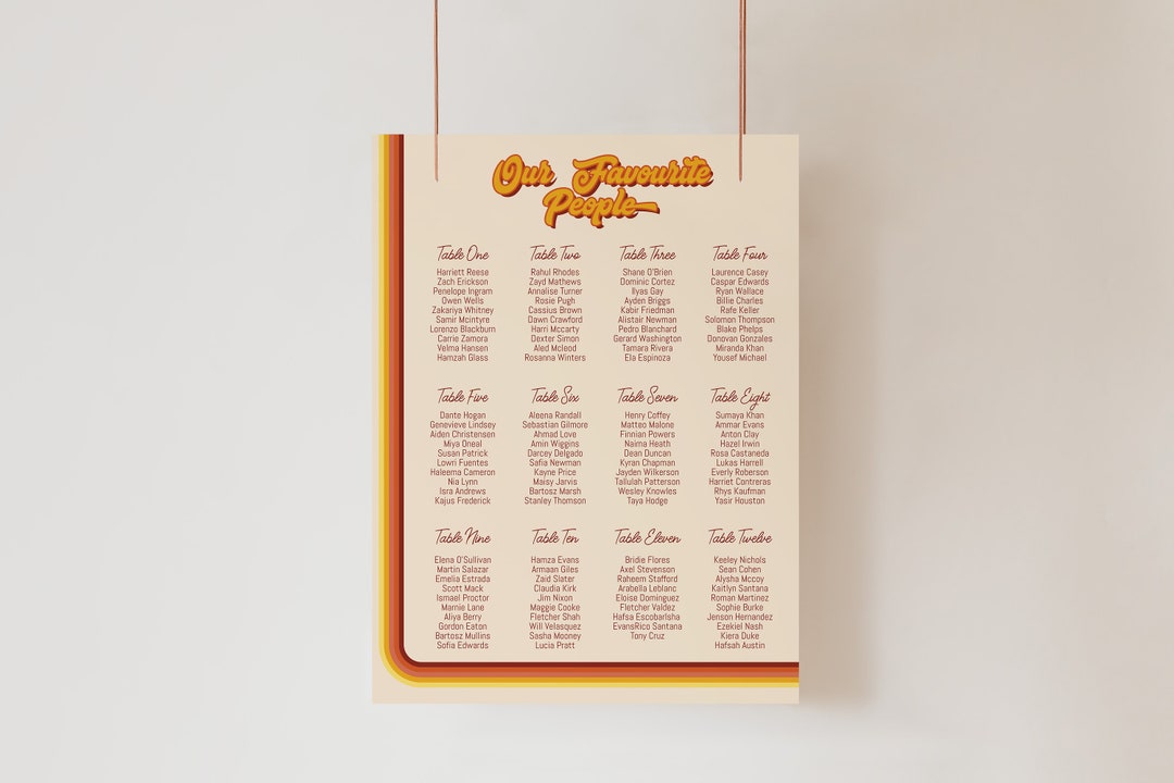 Retro Wedding Seating Chart Template, 70s and Disco Printable Reception ...