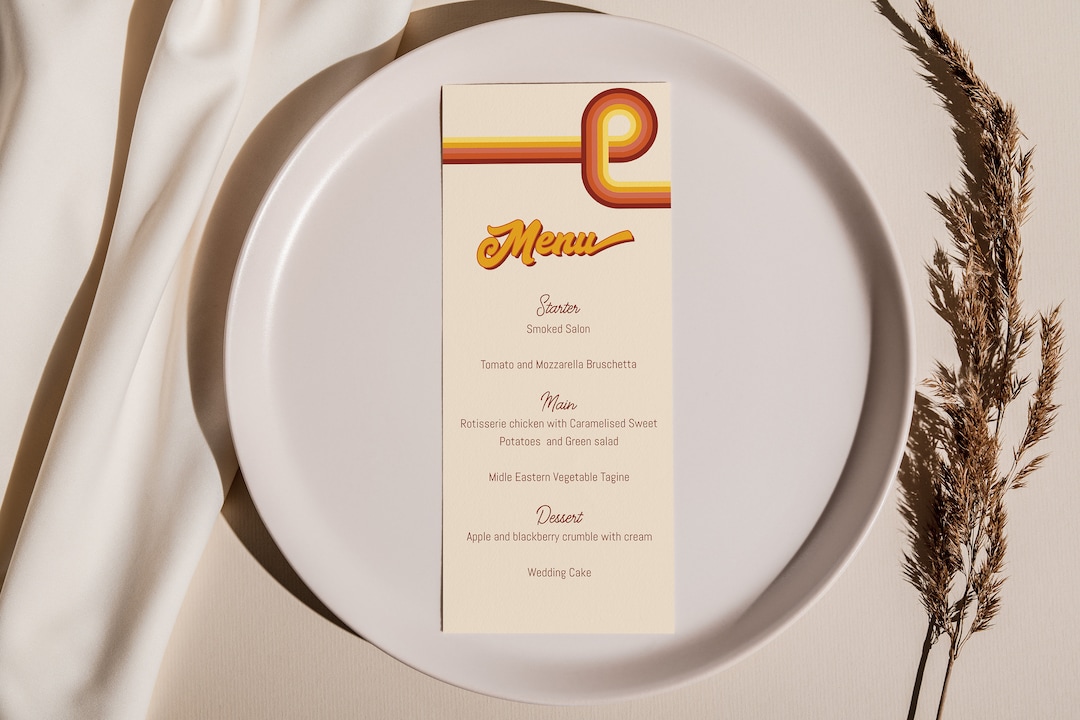 Retro Wedding Menu Card Template, Printable 70s Wedding Stationery ...
