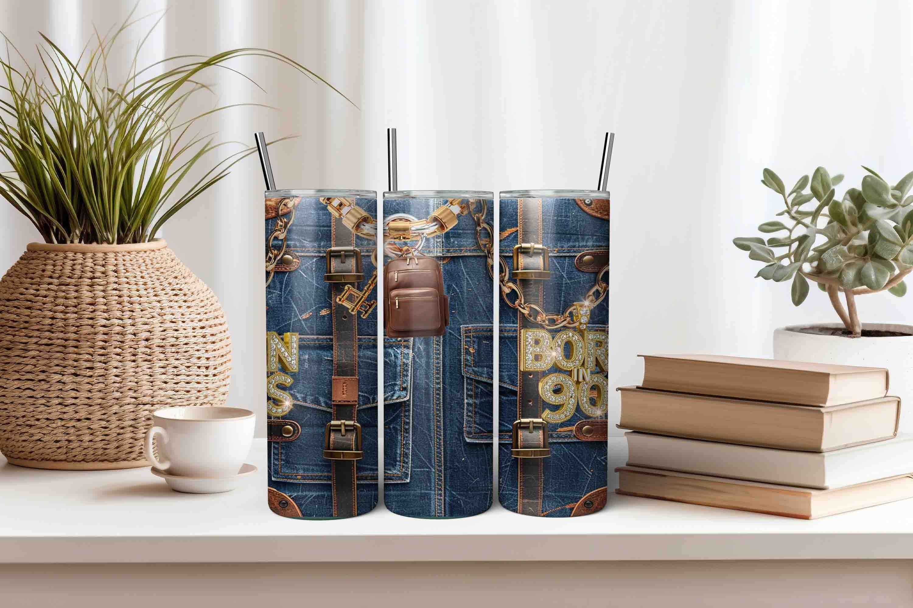 Denim Tumbler Wrap With Backpack Keychain Design, 20oz Skinny Tumbler ...