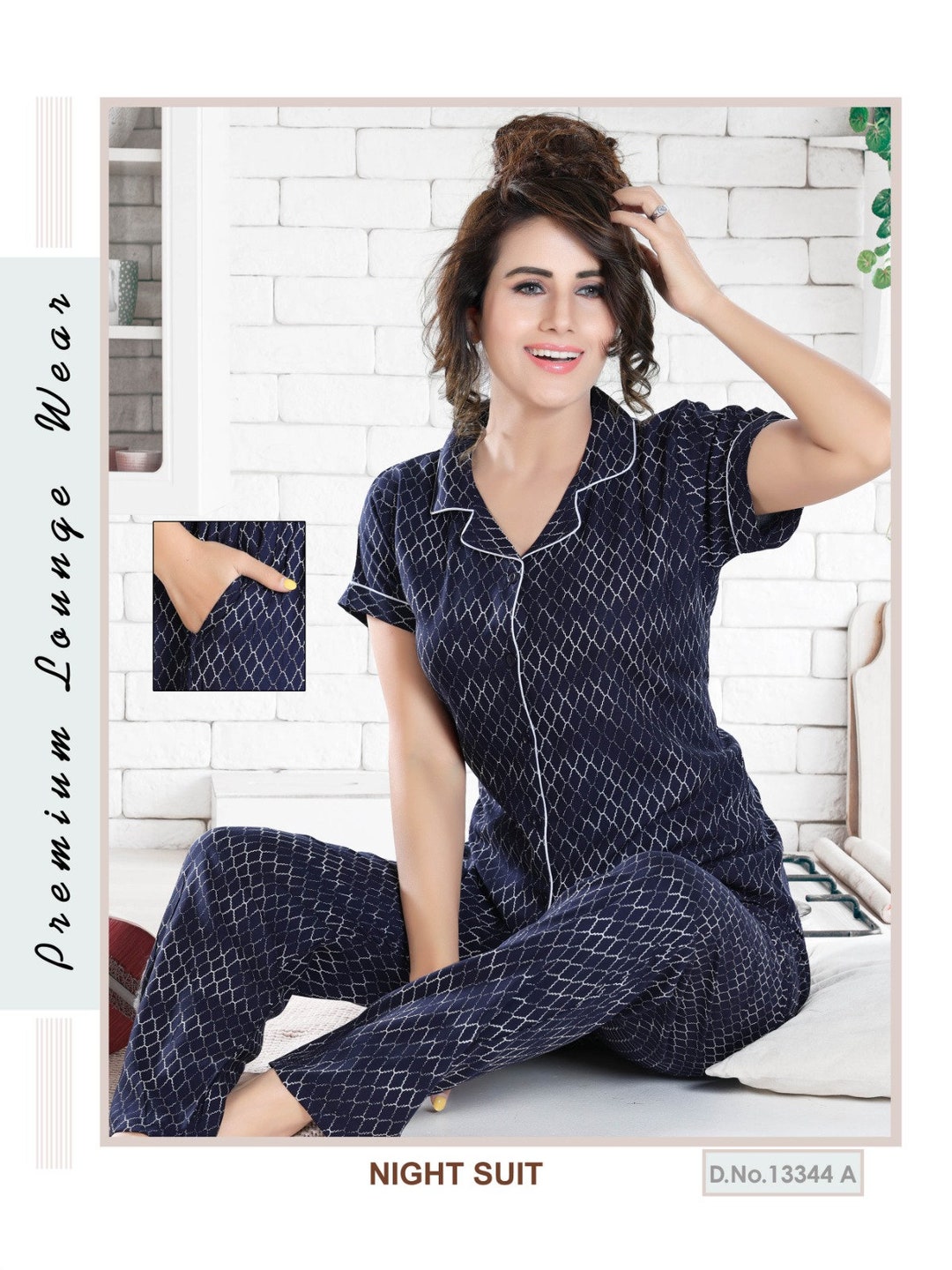 Women Navy Blue & Pink Striped Night Suit Full Set - Etsy