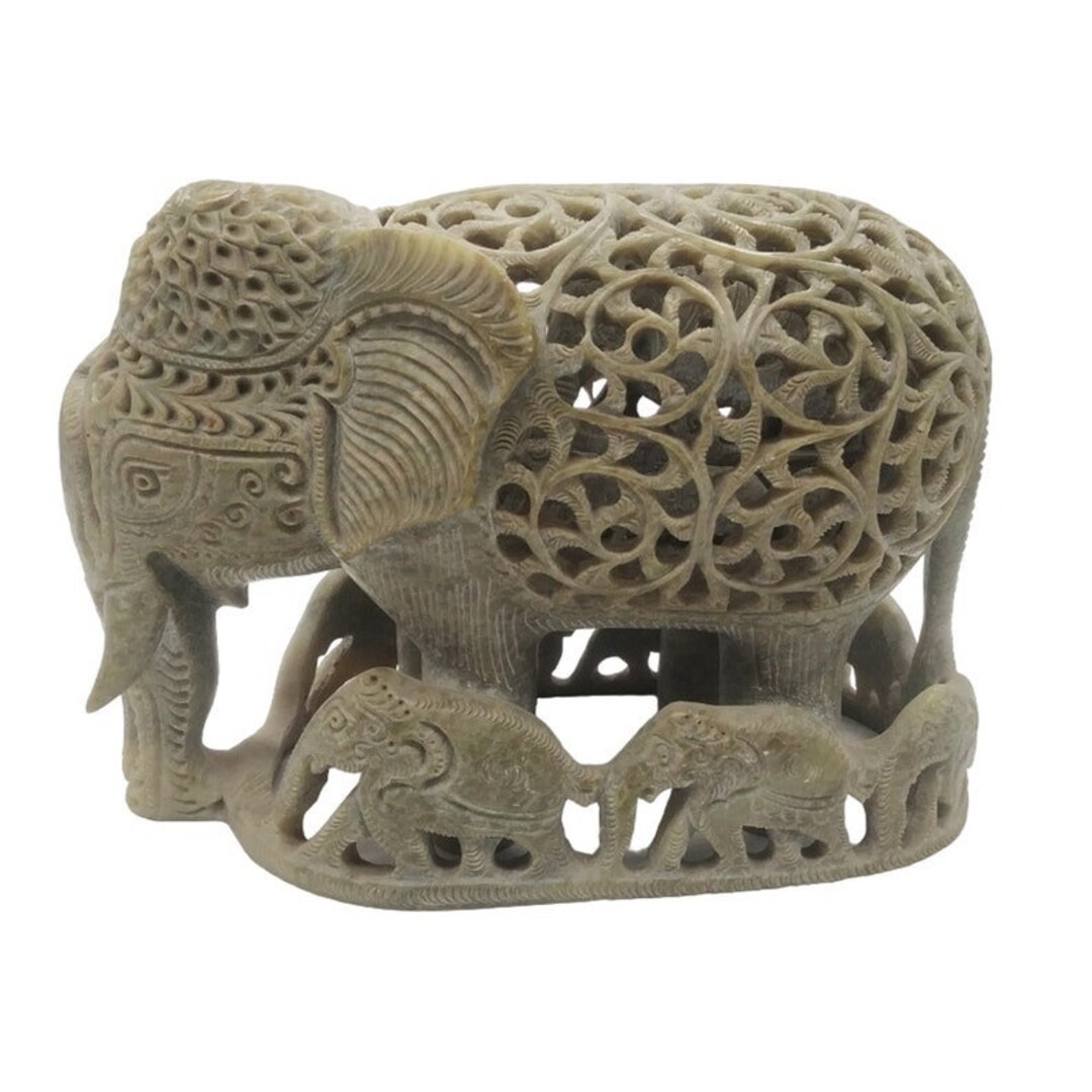 Stone Elephant Statue Handmade Undercut Vintage Trunk Down Décor ...