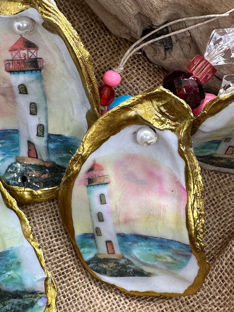 Lighthouse Decoupage Oyster Shell Ornament - Etsy