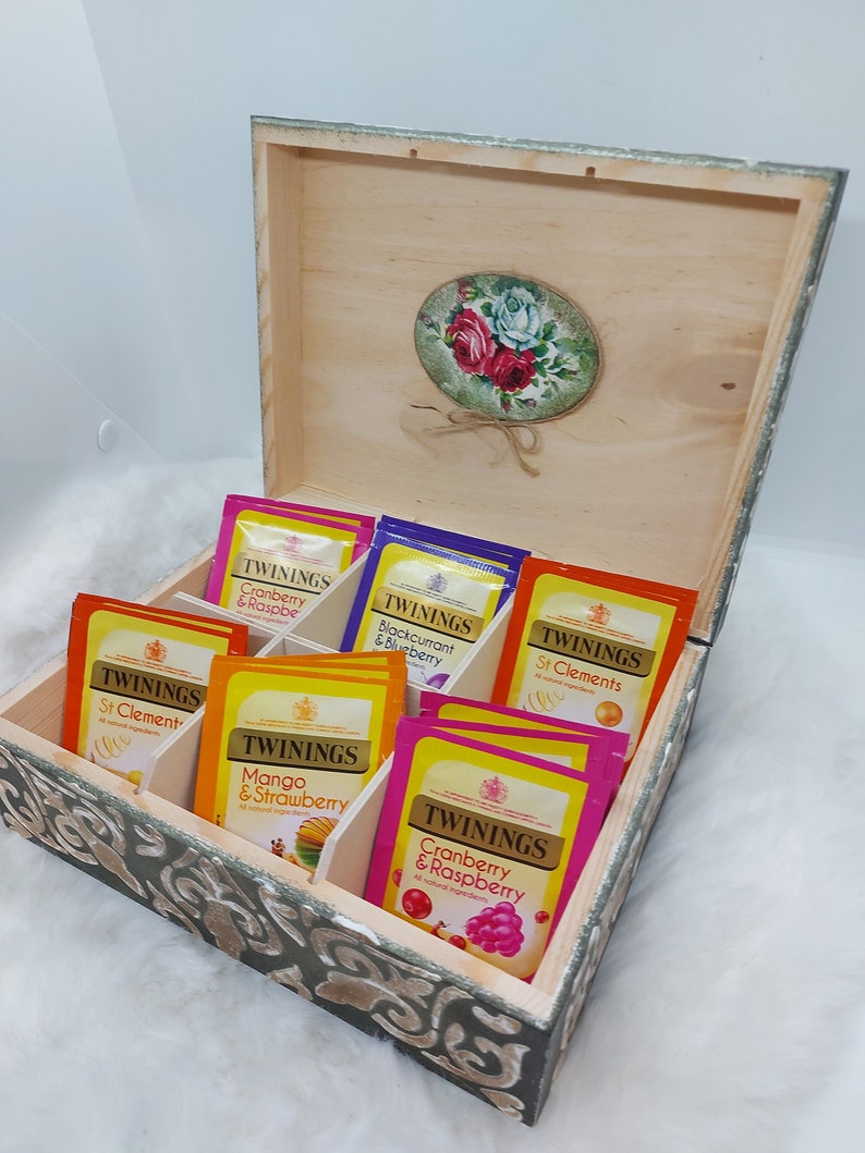 Wooden Tea Box 6 Compartments, Tea Organizer, Vintage, Decoupaged Box ...