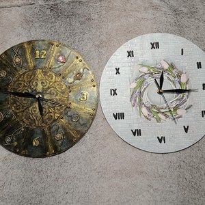 Wooden Clock, Round Clock, Flowers, Brick, Vintage, Golden,unique, Hand ...