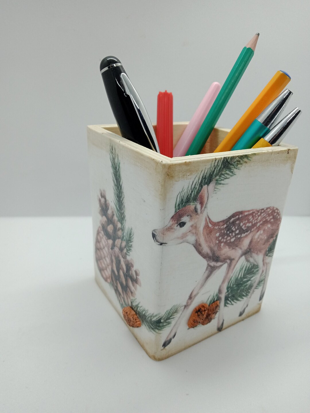 Wooden Pen Holder, Forest Theme , Hand Made, Hand Decorated, Decoupage ...