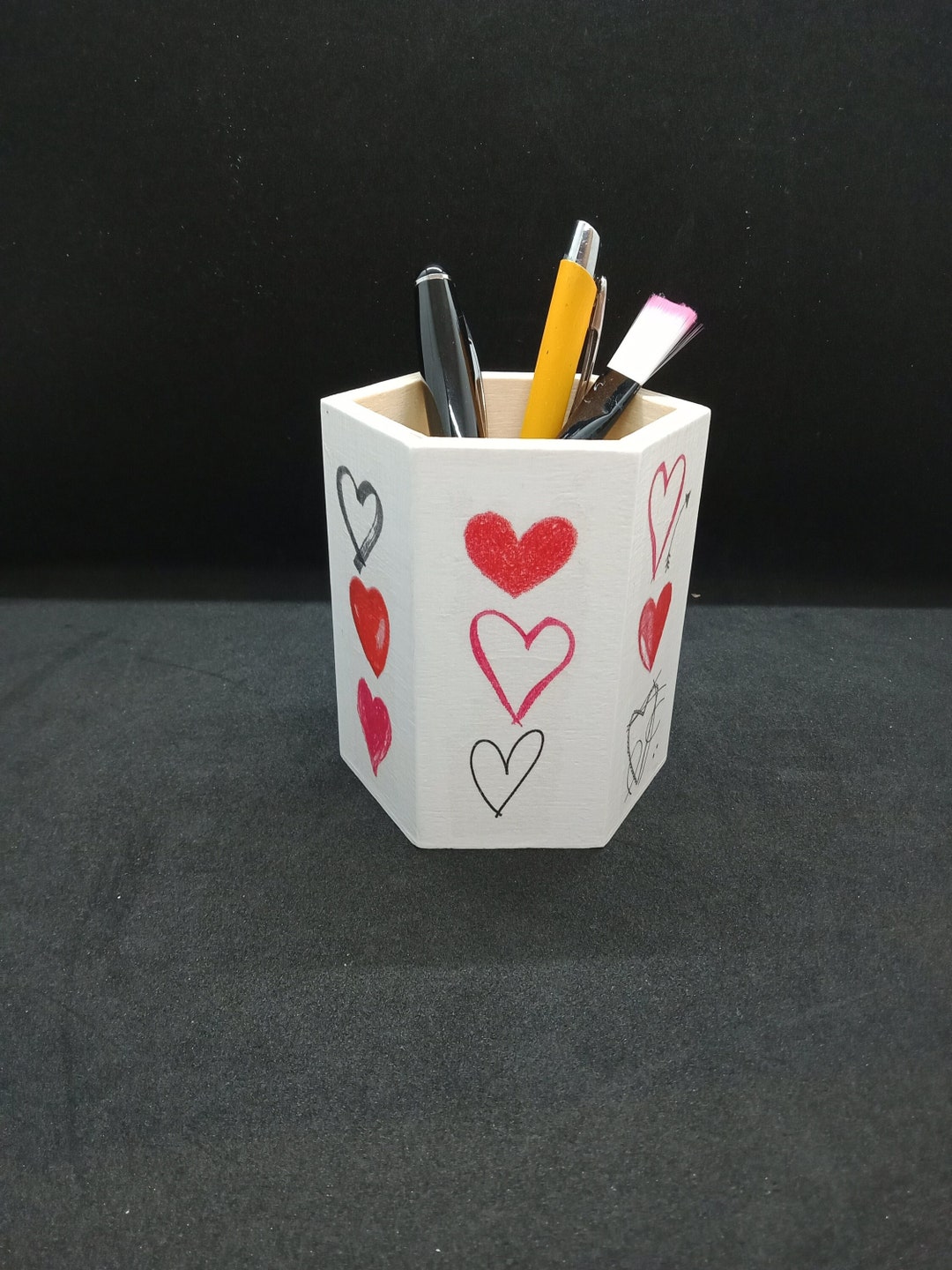 Wooden Pen Holder, Hearts, Hexagonal, Hand Made, Hand Decorated ...