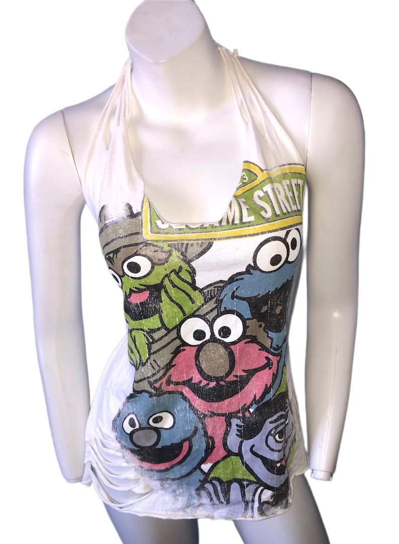 SESAME STREET Halter Tshirt Top Cut up Shredded Rock N Roll Vintage Re ...