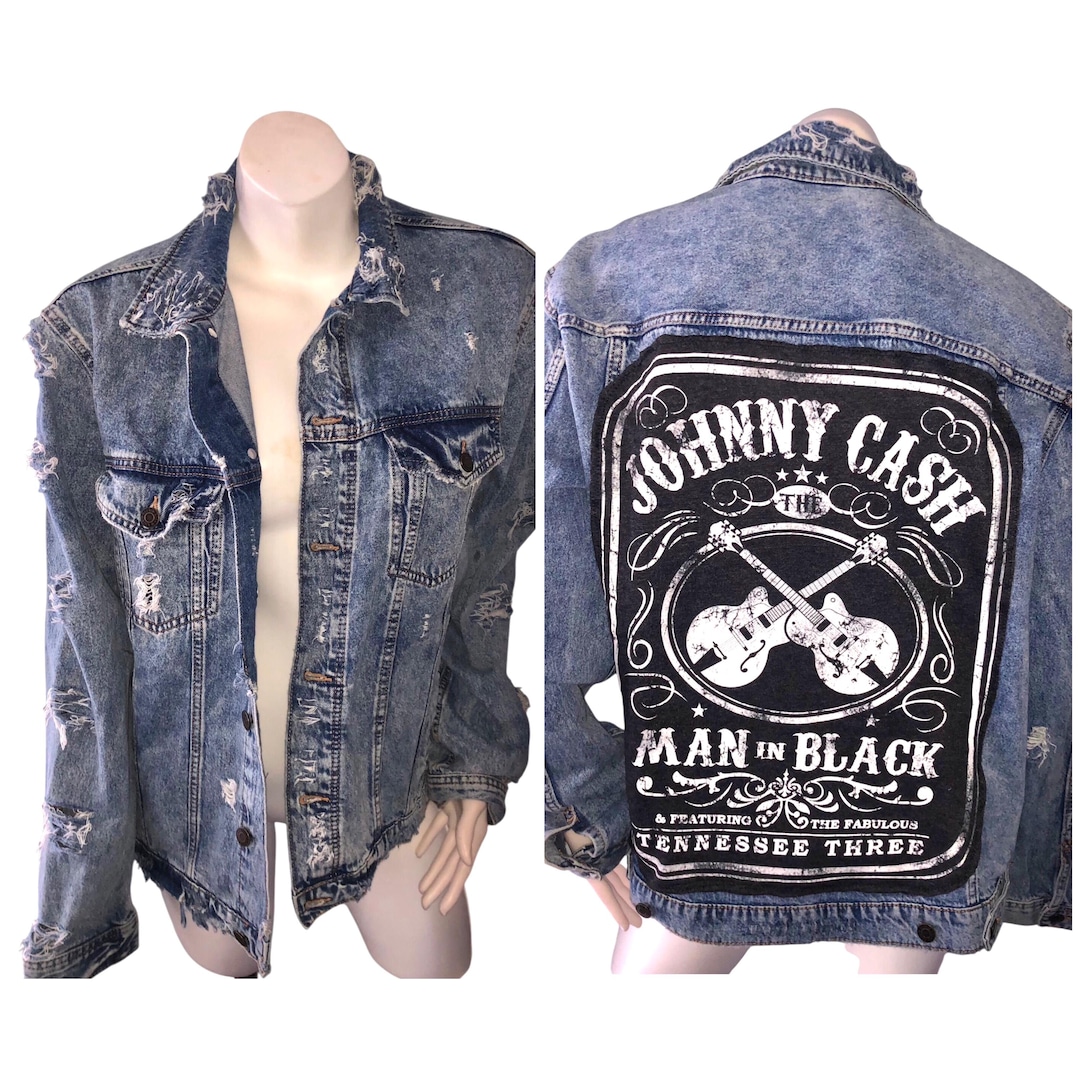 JOHNNY CASH Whiskey Jean Jacket Custom Distressed Denim Upcycled ...