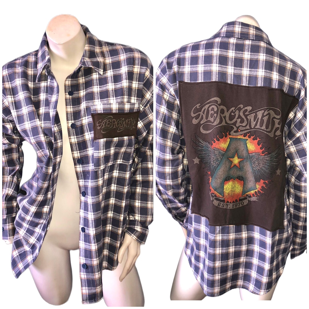 AEROSMITH Patch Flannel Shirt Rock Band Button Down Custom Flannel ...