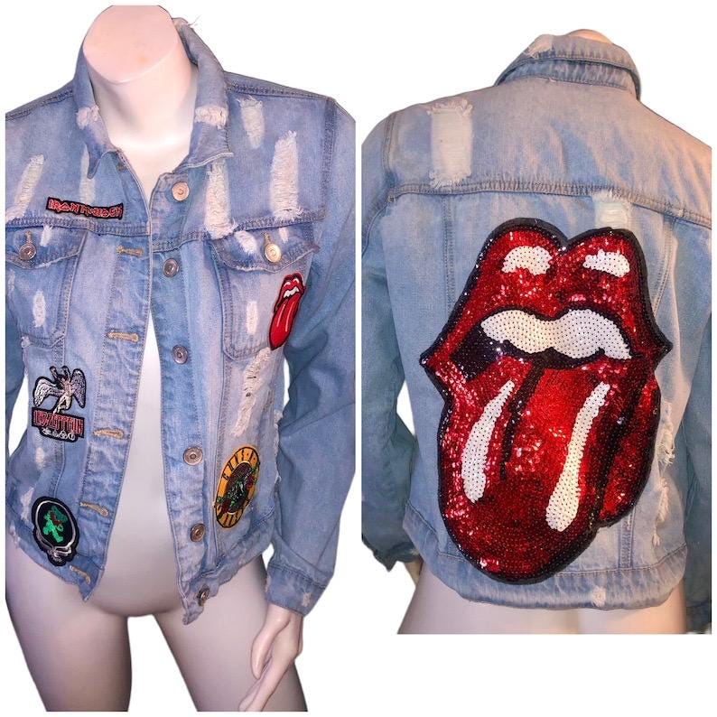 ROLLING STONES Sequins Tongue Patch Jean Jacket - Etsy