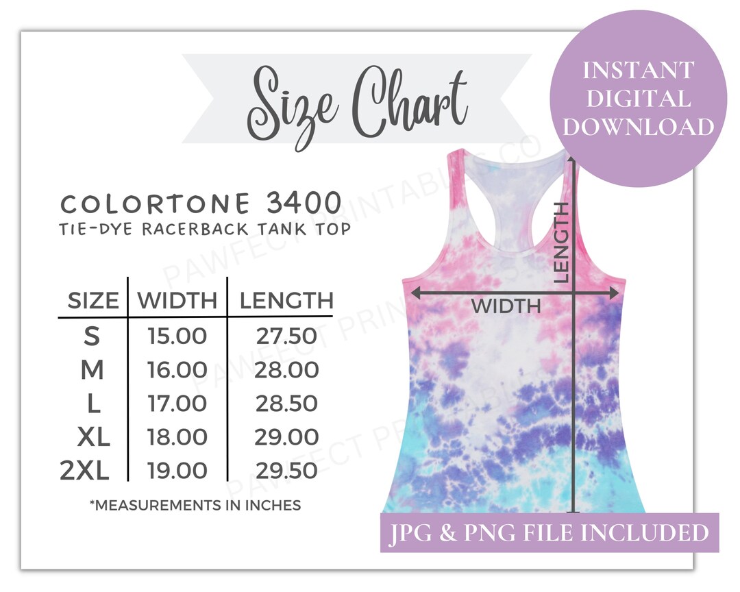 Tie Dye Tank Top Size Chart: Colortone 3400 Racerback (digital Download ...