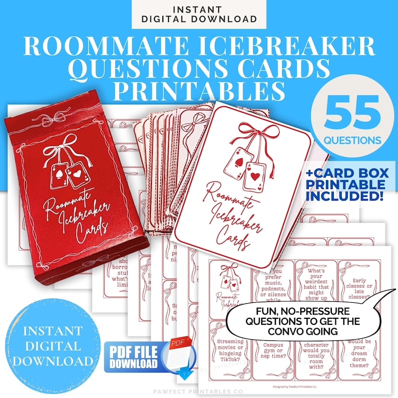 Roommate Icebreaker Questions Cards Printable, College Dorm Roommate ...