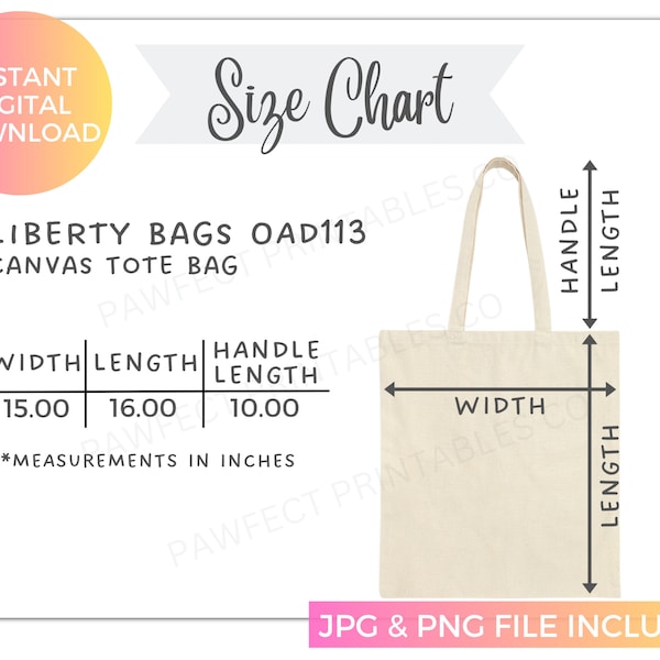 Tote Bag Size Chart - Etsy