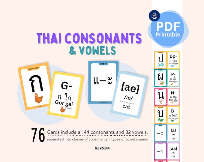 Thai Alphabet Consonants Flashcards DIGITAL DOWNLOAD | Study Thai ...