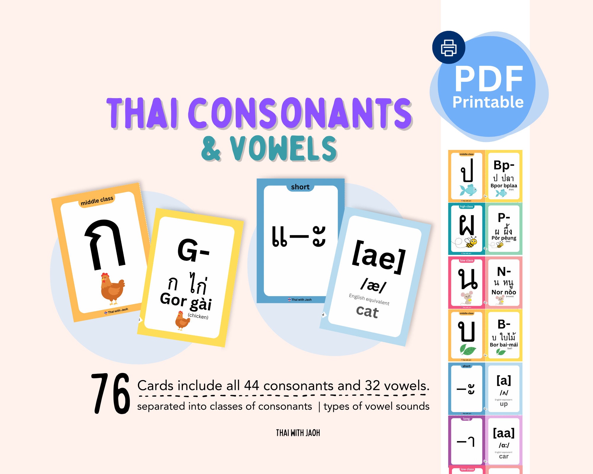 Thai Language Flashcards Thai Consonants And Thai Vowels Printable