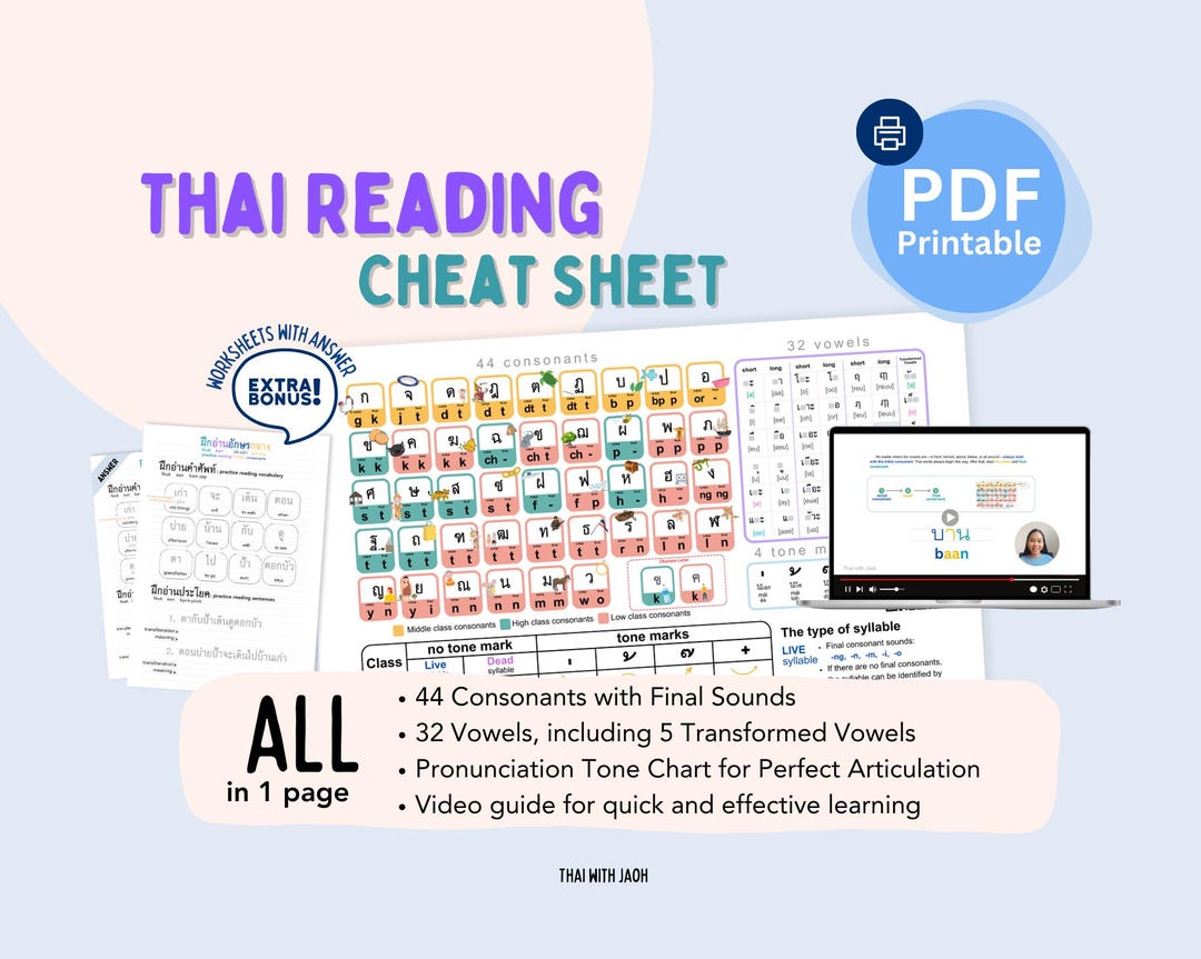 Printable Thai Reading Cheat Sheet | Thai Consonants & Vowels Practice ...