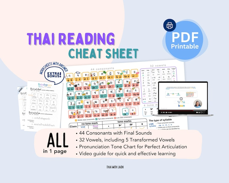 Printable Thai Reading Cheat Sheet | Thai Consonants & Vowels Practice ...